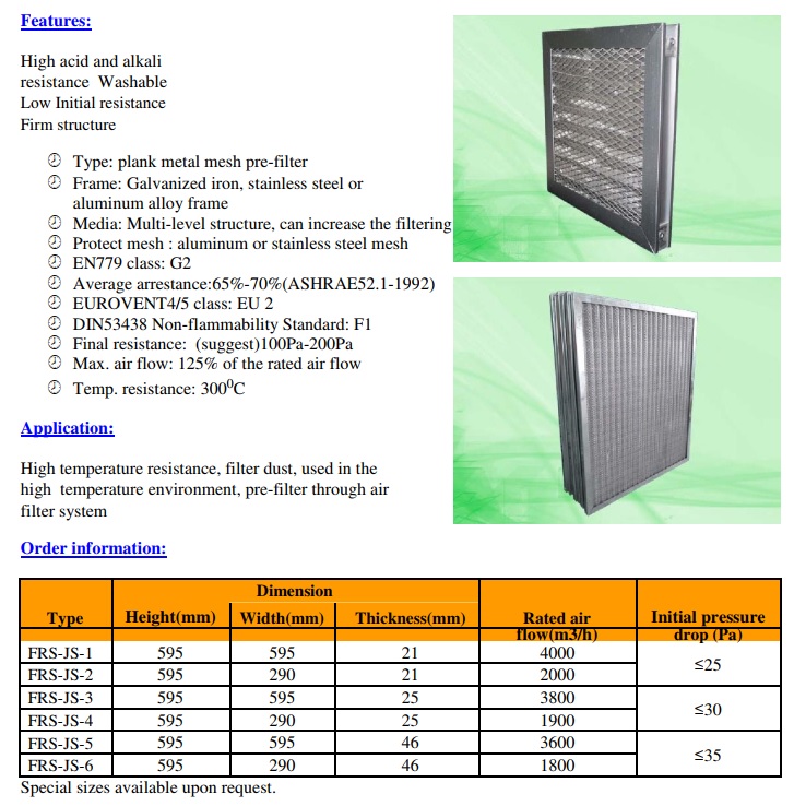 Metal mesh Pre-filter (chịu nhiệt) G2